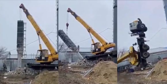 Crane driver tragically crushed with his overturned crane.